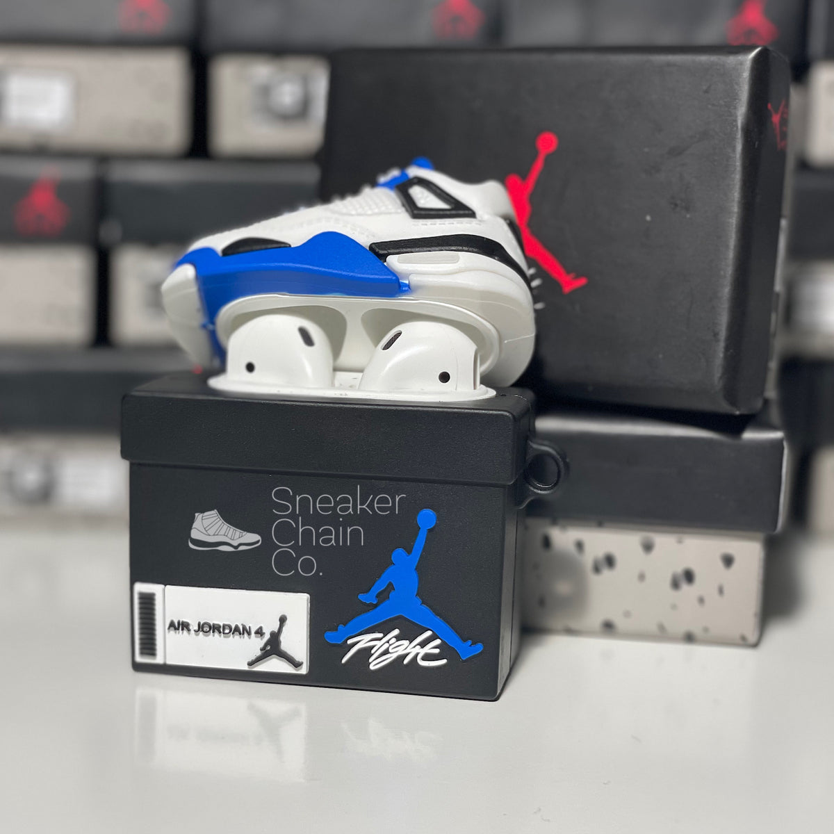 Nike Air Jordan 4 Retro Motorsports Blue Sneaker Shoebox Design AirPod ...